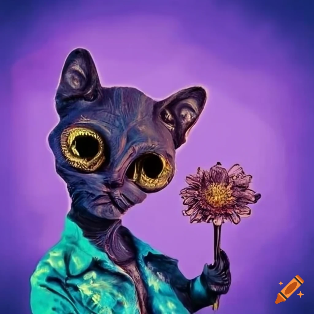 Image of a wrinkled alien cat with a flower on its head on Craiyon