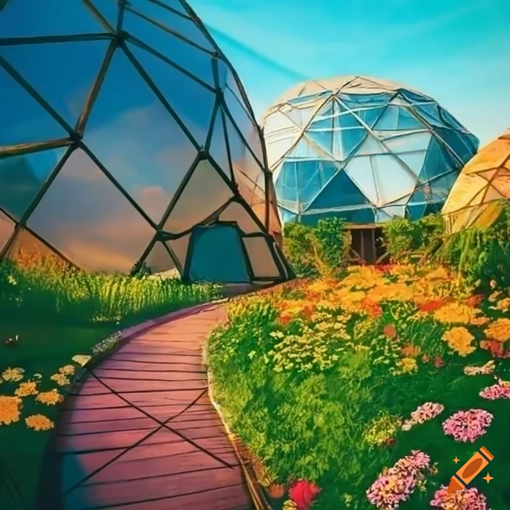 Colorful gardens with geodesic domes in the background