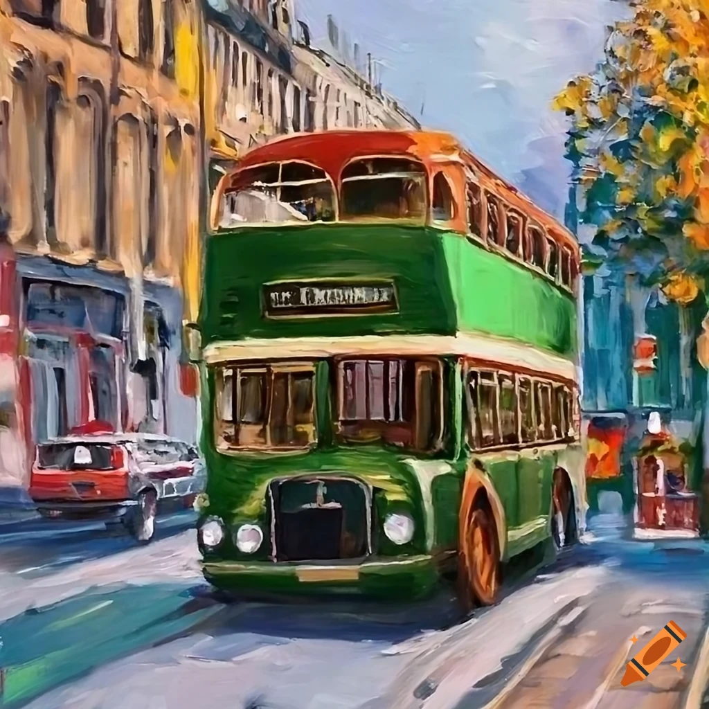 Detailed oil painting of a green bus on a busy street