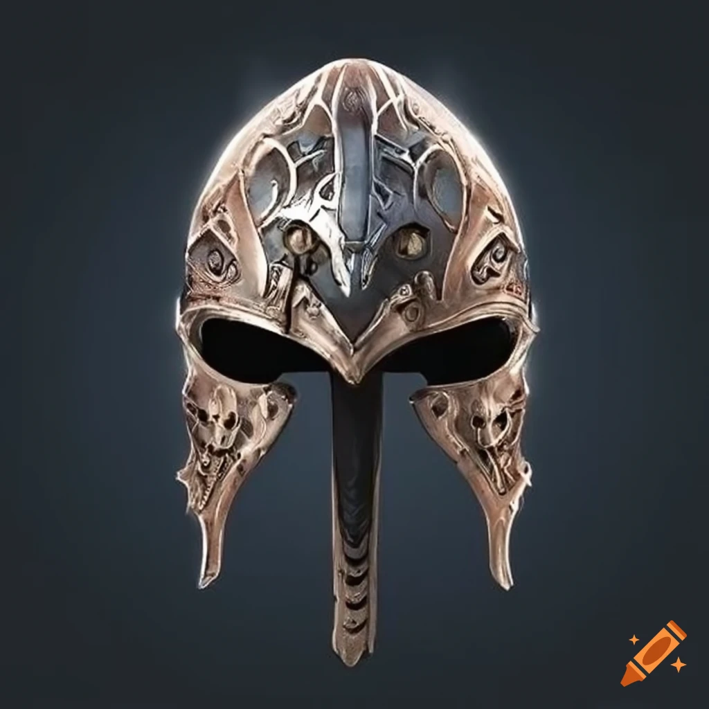 Intricate steel helmet with symmetrical design