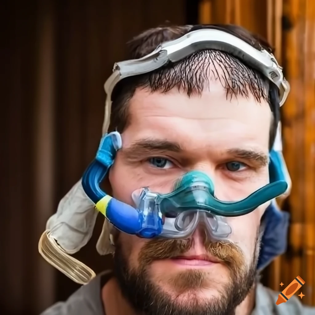 Bearded man using cpap mask during shed construction on Craiyon
