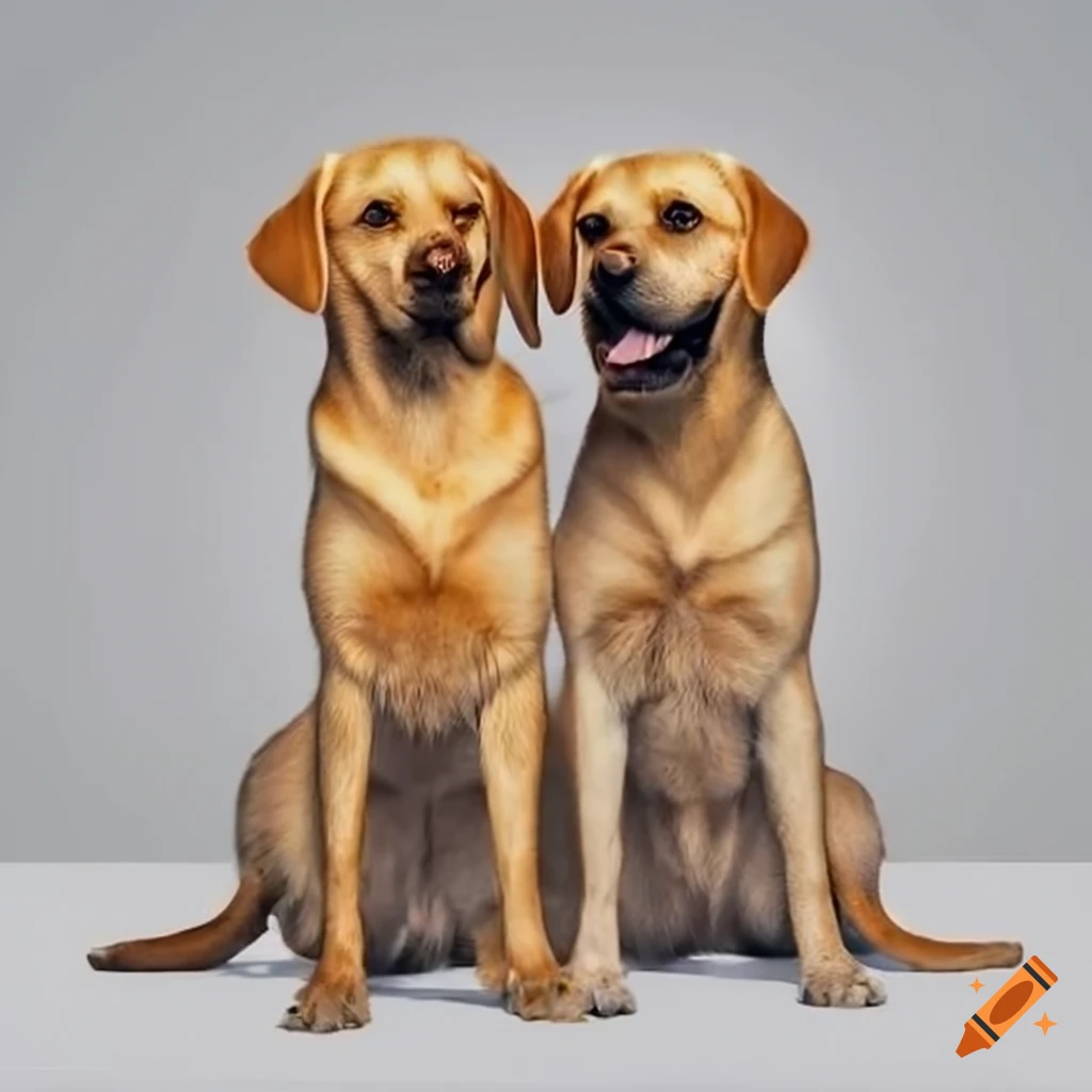 Two yellow labs sitting together on a white background