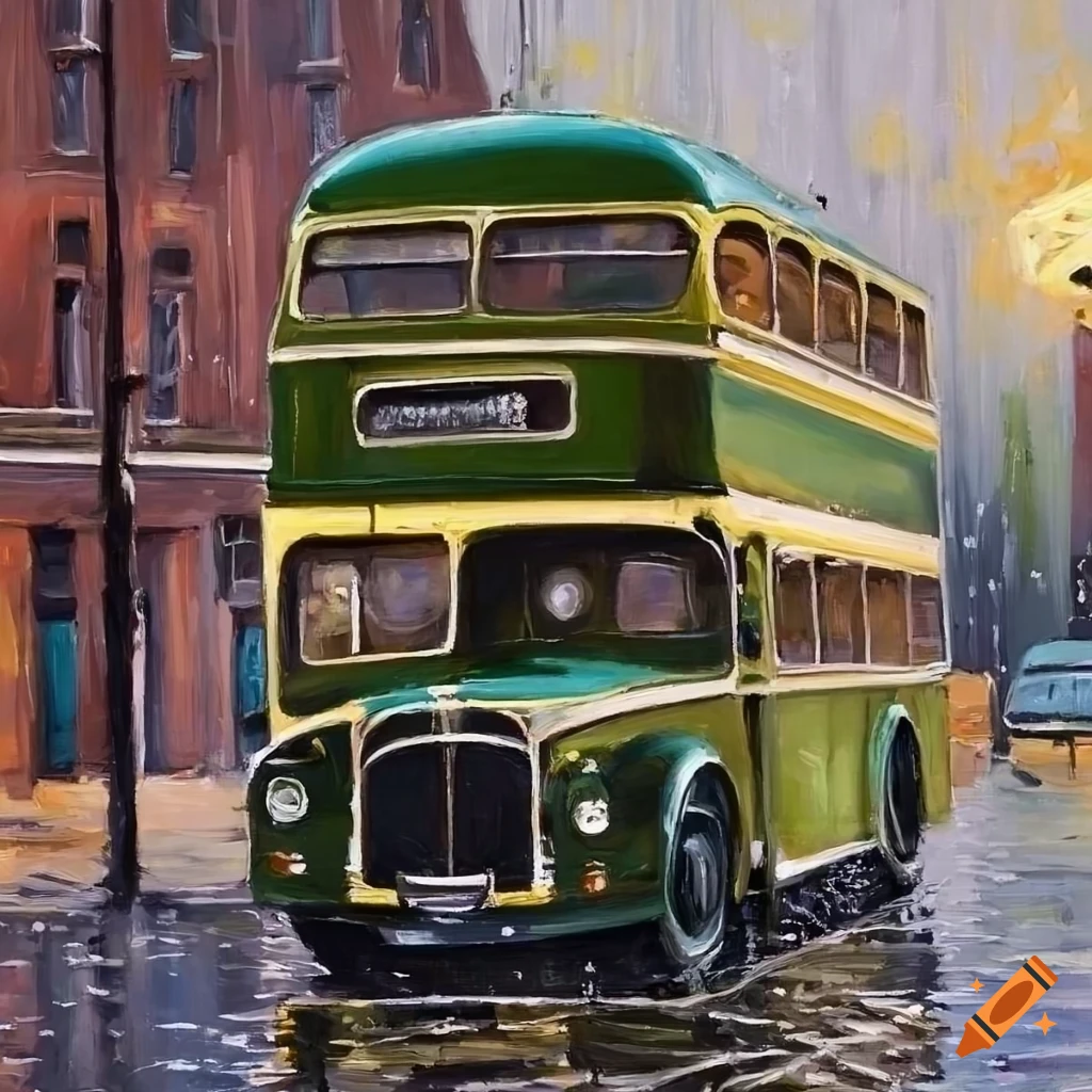 Oil painting of a green bristol lodekka bus in the rain