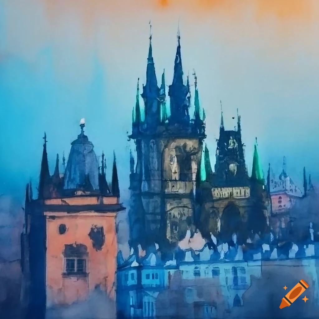 Watercolor painting of foggy Prague in blue and orange on Craiyon
