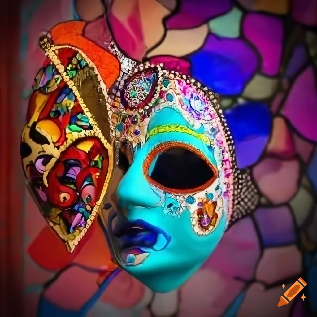 Colorful modernistic mask with a stained glass butterfly beneath on Craiyon
