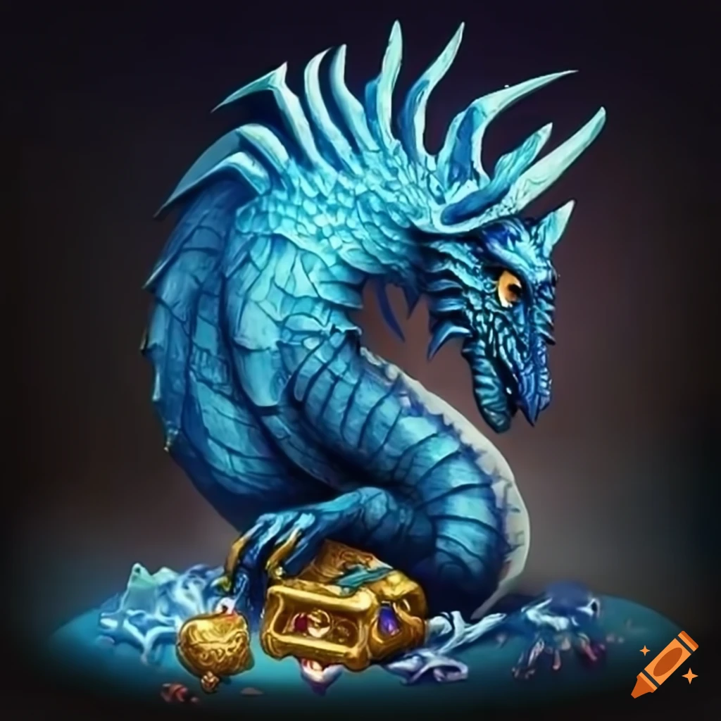 Art of a blue dragon guarding his treasure on Craiyon