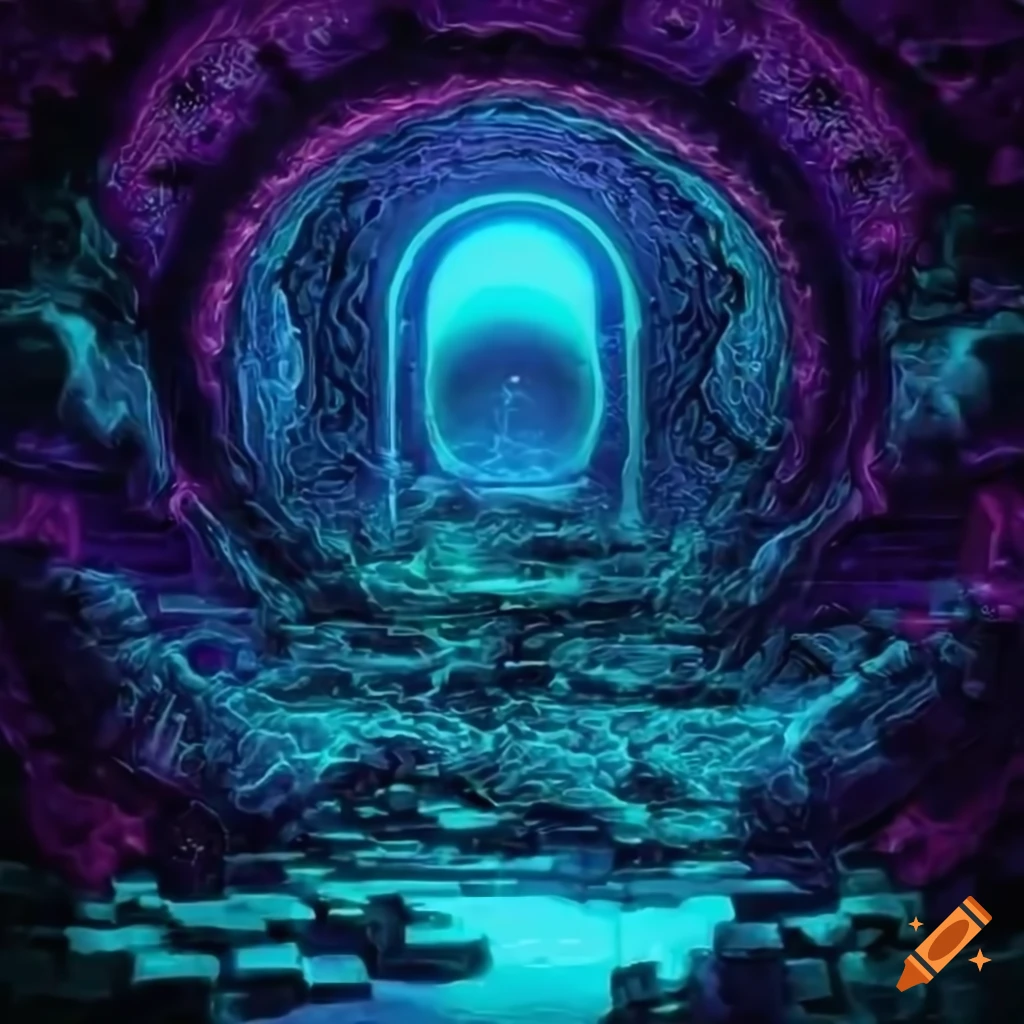 Neon portal in a dark psychedelic abyss