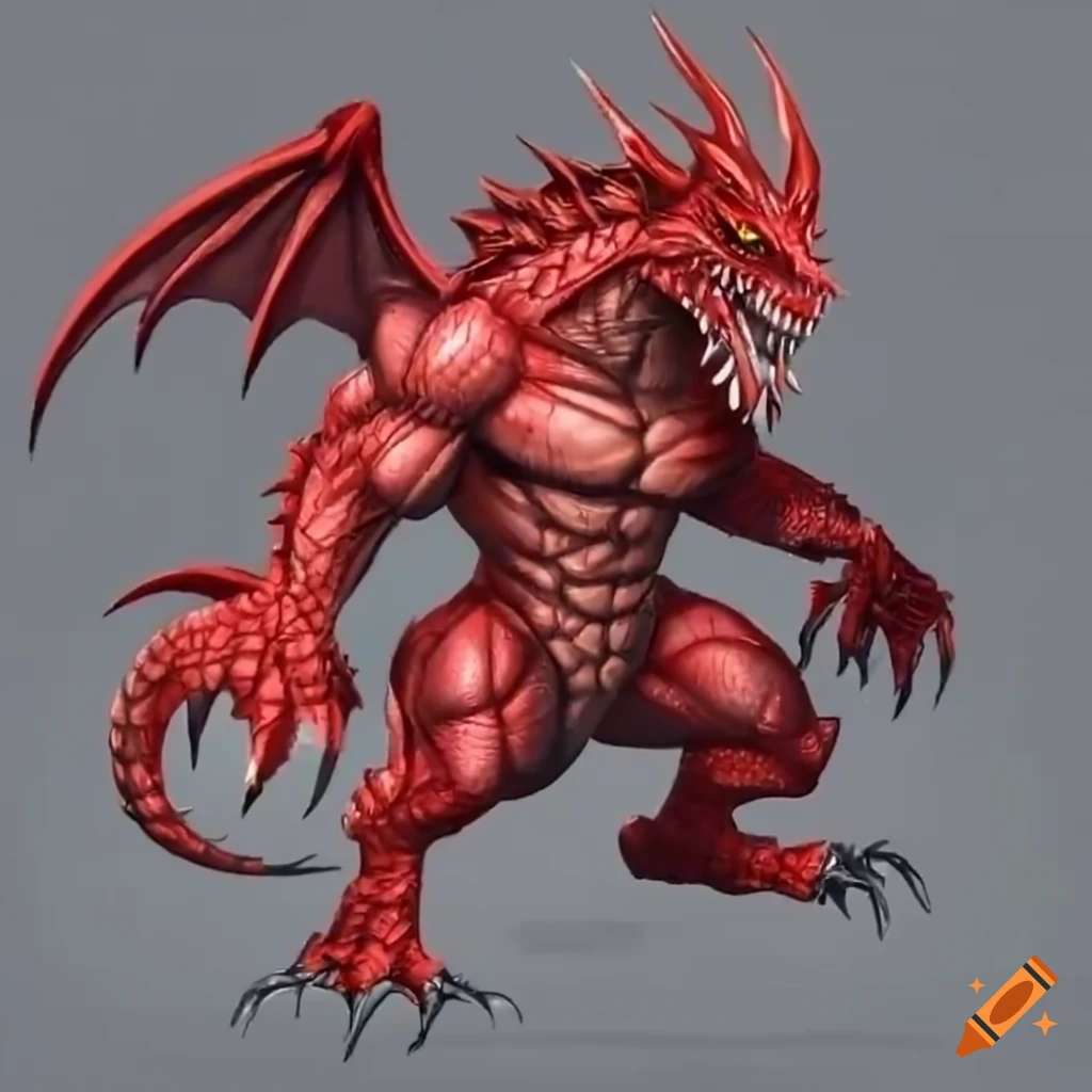 Detailed illustration of a muscular red dragon