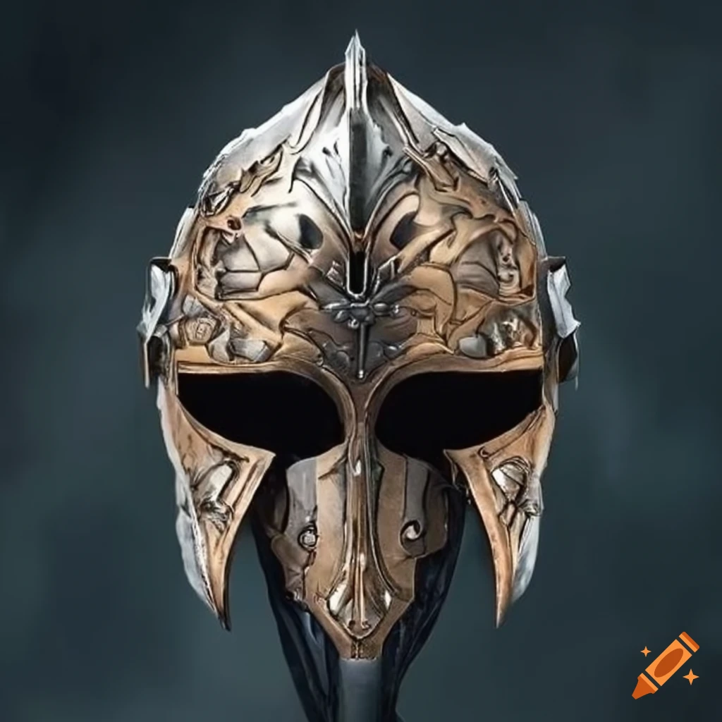 Intricate steel helmet with symmetrical design