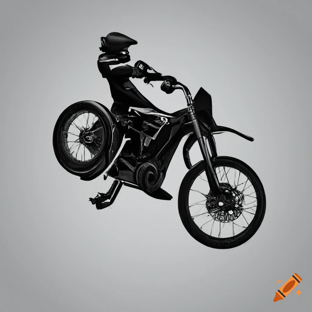 Black and white illustration of a motorcycle doing a wheelie
