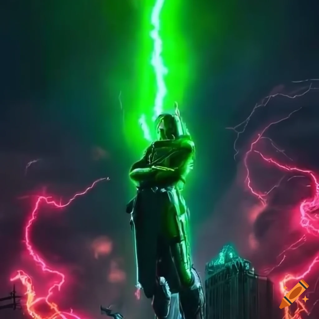 Neon-lit artwork of Cobra Commander with green lightning on Craiyon