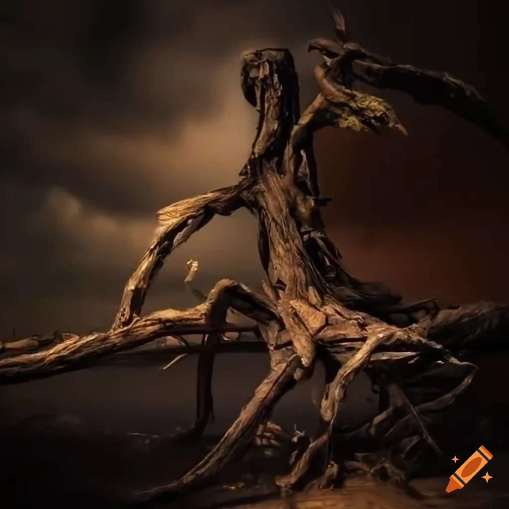 Close-up of a distorted figure caught in a web of branches on Craiyon