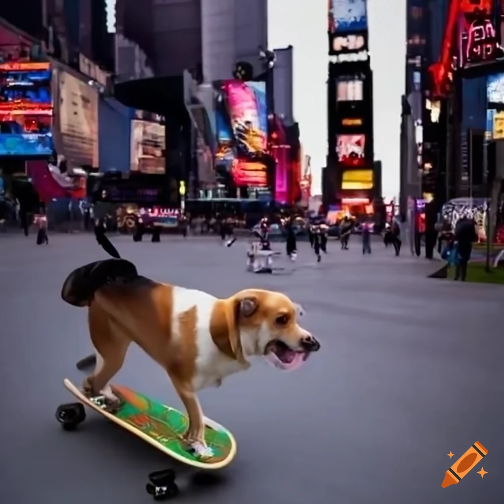 Dog skateboarding in times square