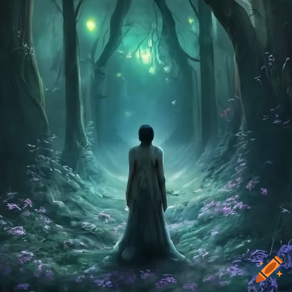 Concept art of a magical forest with light particles