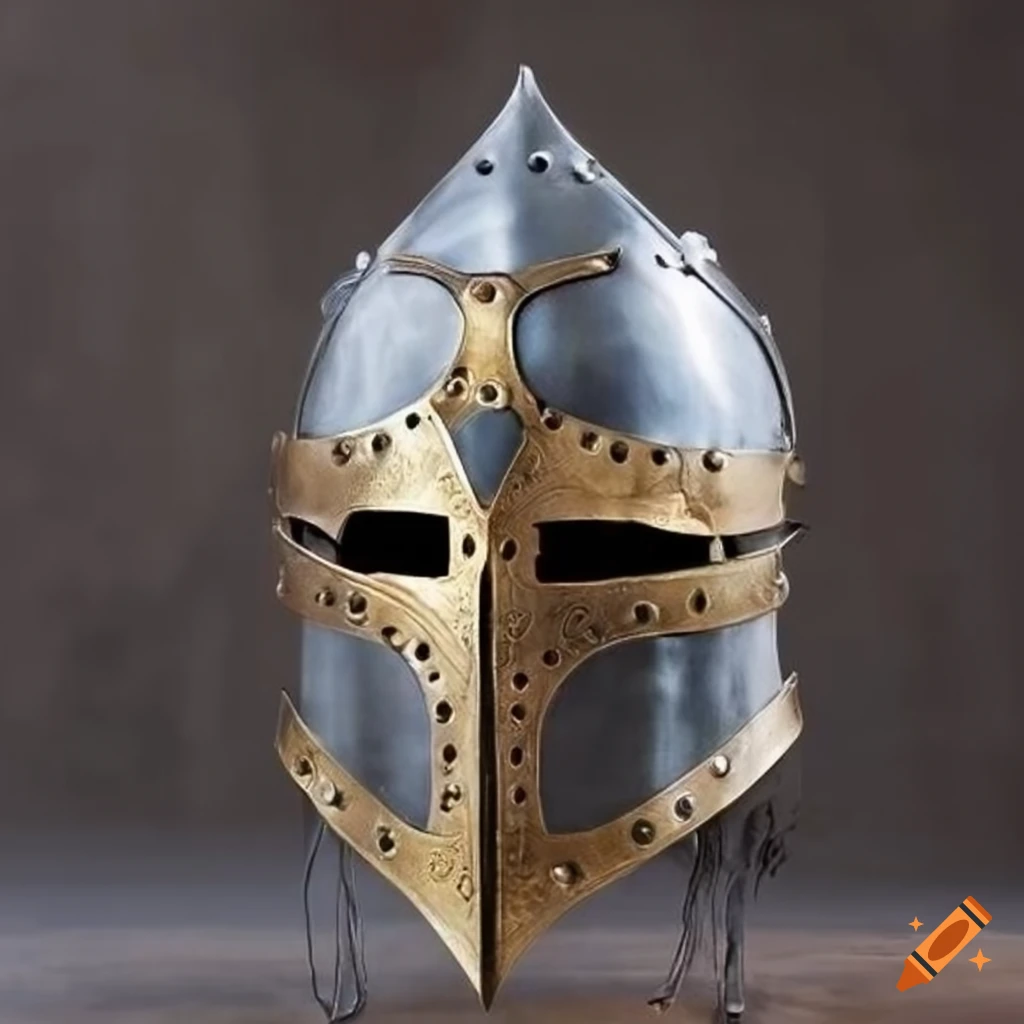 Intricate symmetrical steel medieval helmet