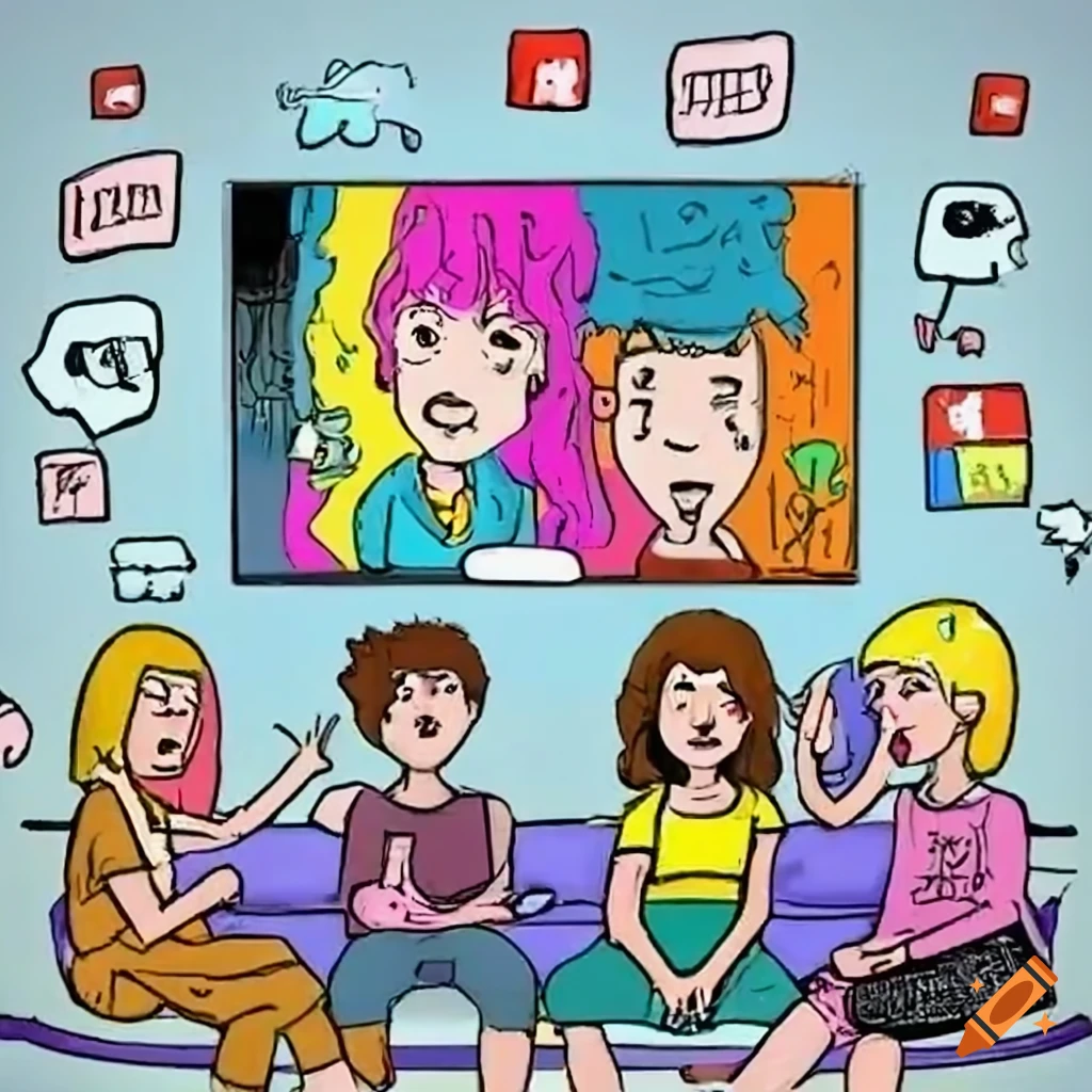 Editorial cartoon with friends and social media trends on Craiyon