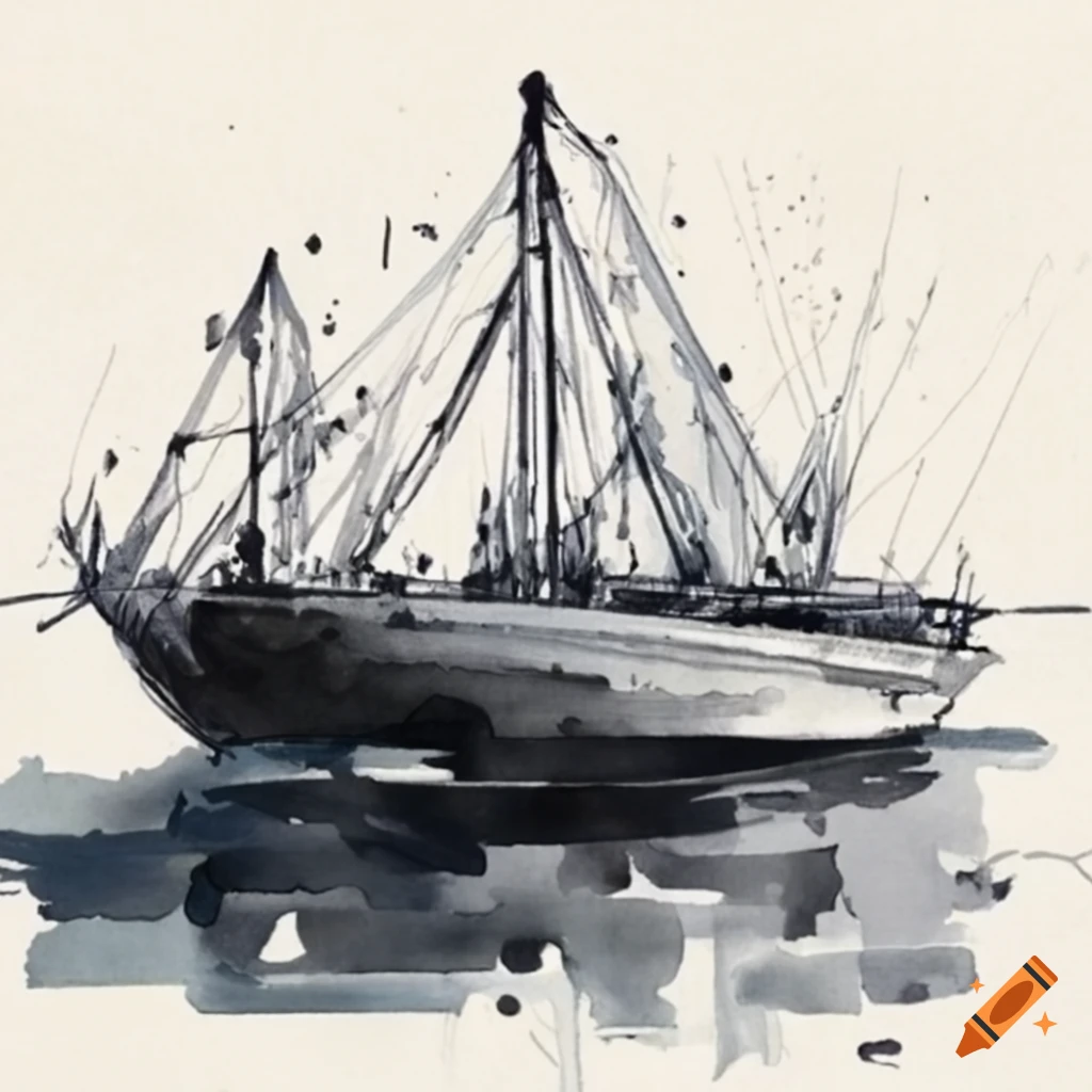 Watercolor painting of a fishing ship in the distance
