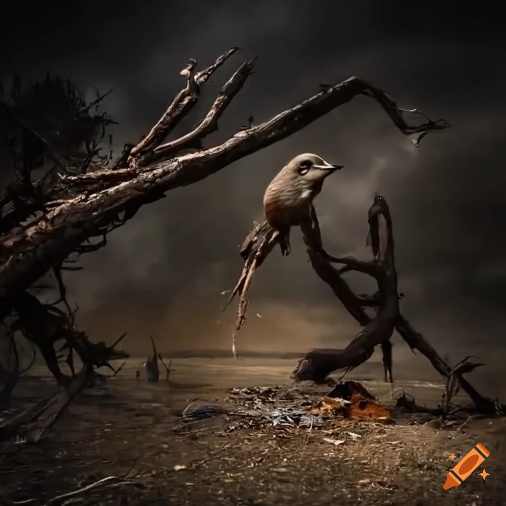 Close-up of a distorted figure caught in a web of branches