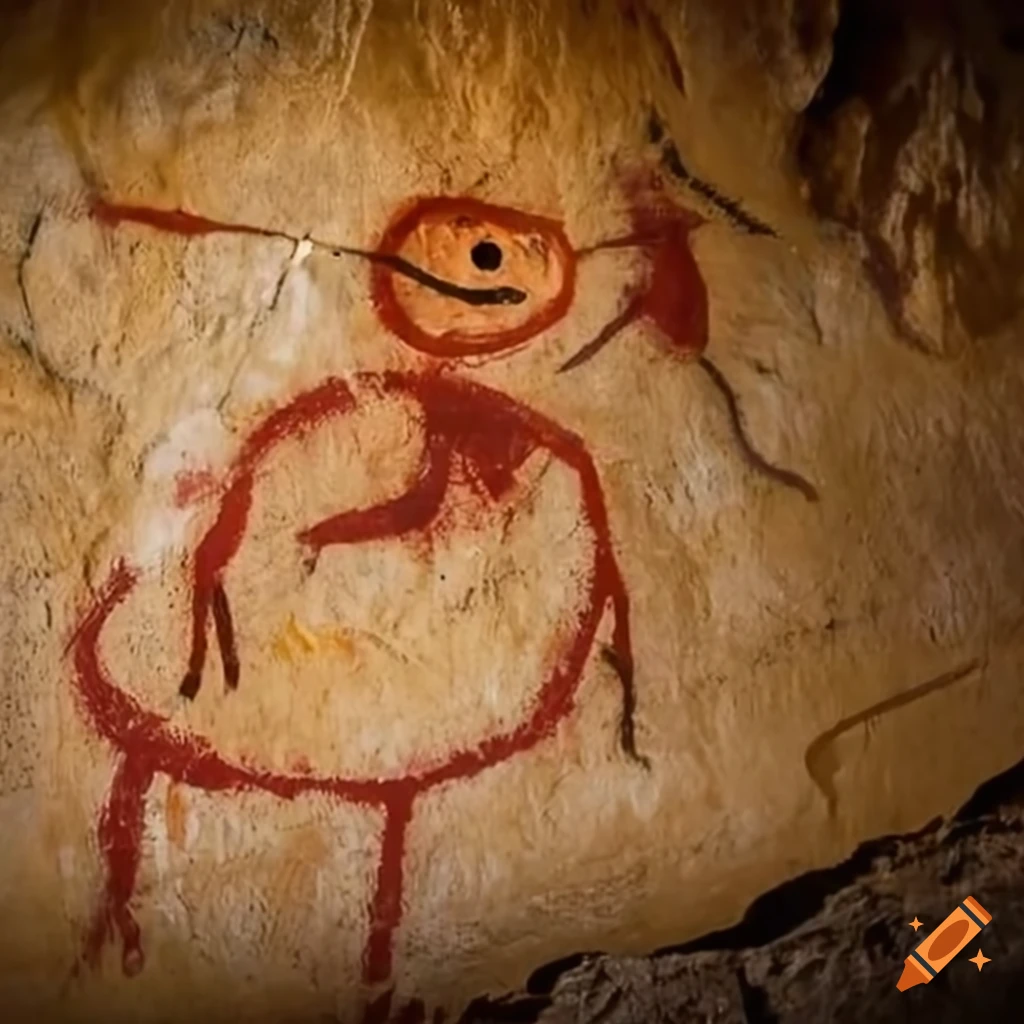 Prehistoric cave painting of a snowman and stick figures on Craiyon