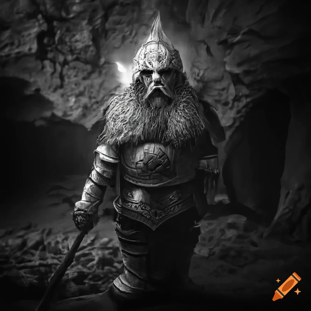 Black and white image of dwarves exploring a dark cave on Craiyon