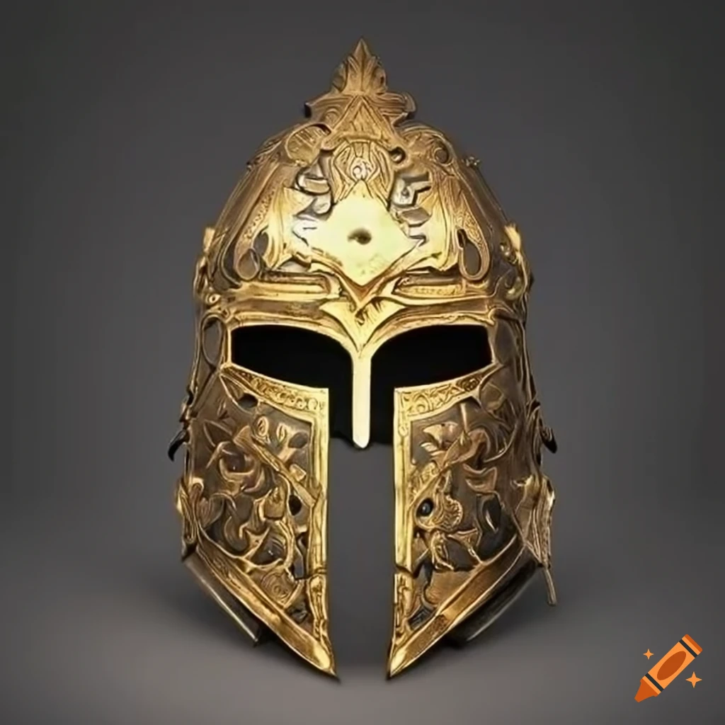 Gilded steel helmet with intricate design