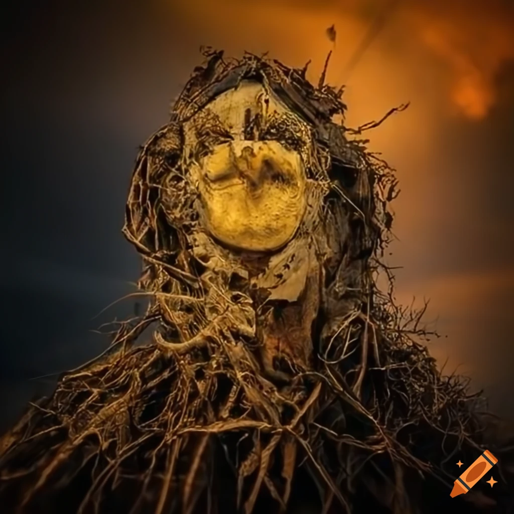 Surreal painting of a distorted figure caught in a web of branches on ...