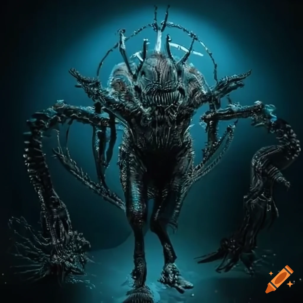 Digital art of a bio-mechanical alien with a black hole