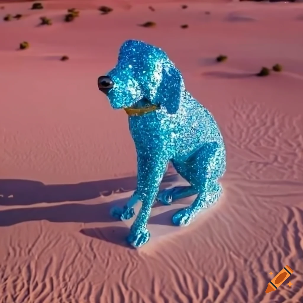 Glitter blue dog statue in pink desert