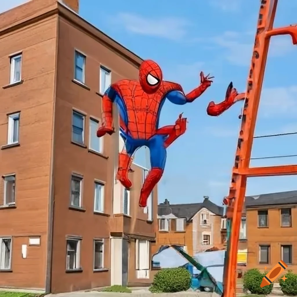 Spider-man climbing frame with surrounding brown buildings on Craiyon