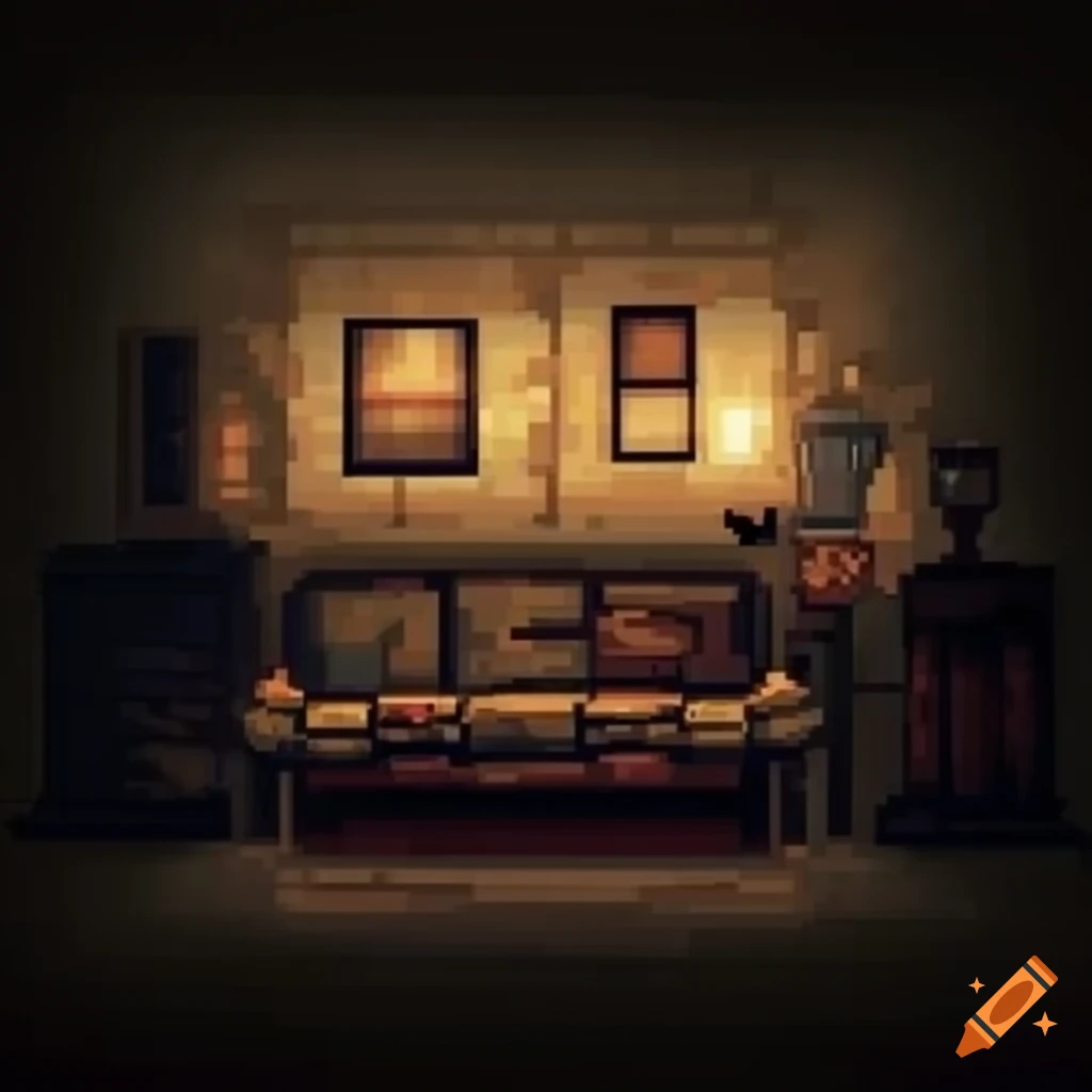 Spooky pixel art of a dim living room with a creepy atmosphere on Craiyon