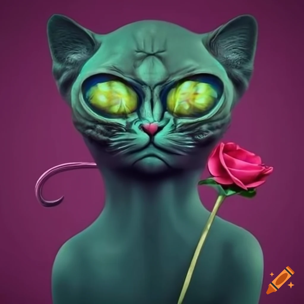 Dark art of an alien cat with a rose-shaped head on Craiyon