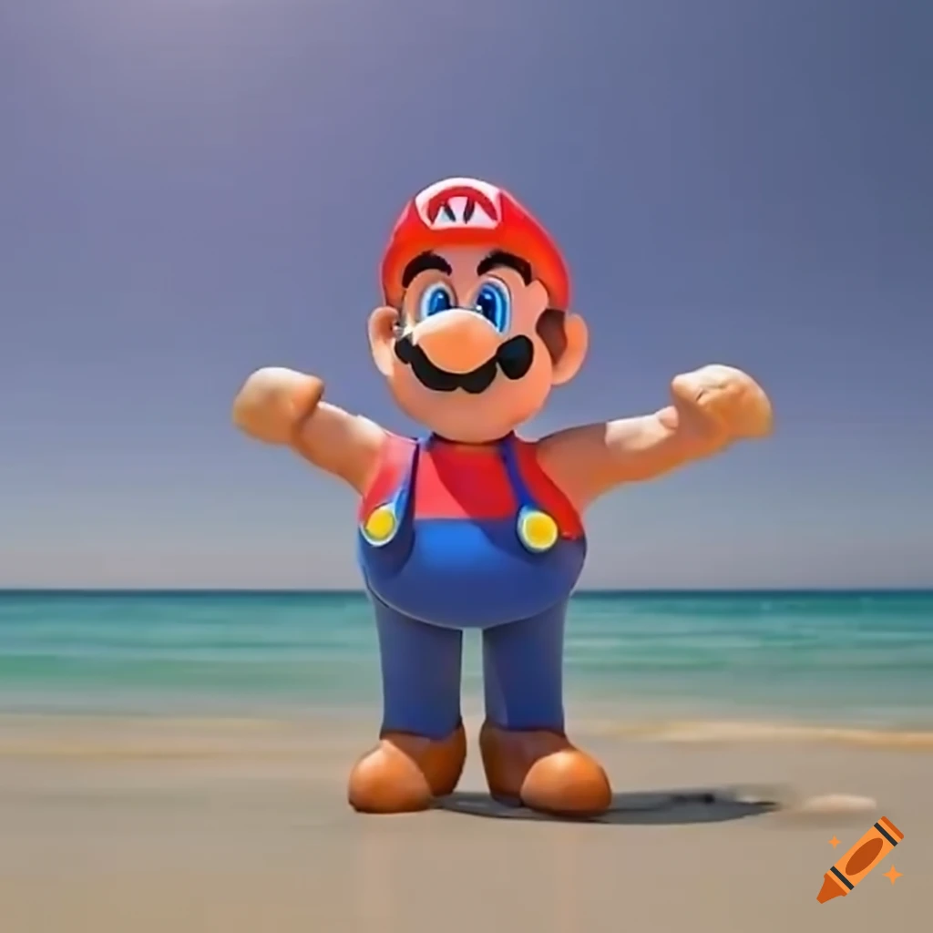 Muscular mario flexing on the beach