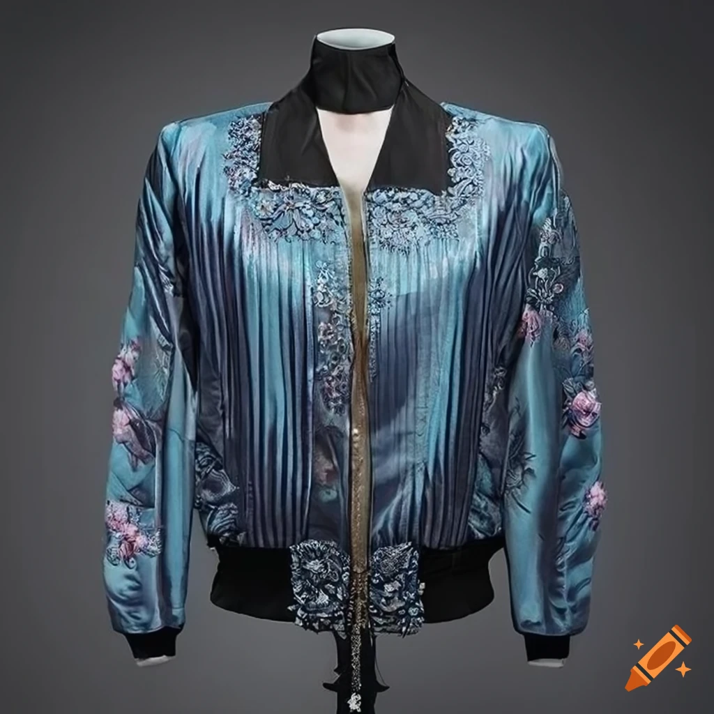 Dark blue and grey satin sakura silk jacket with floral embroidery on ...