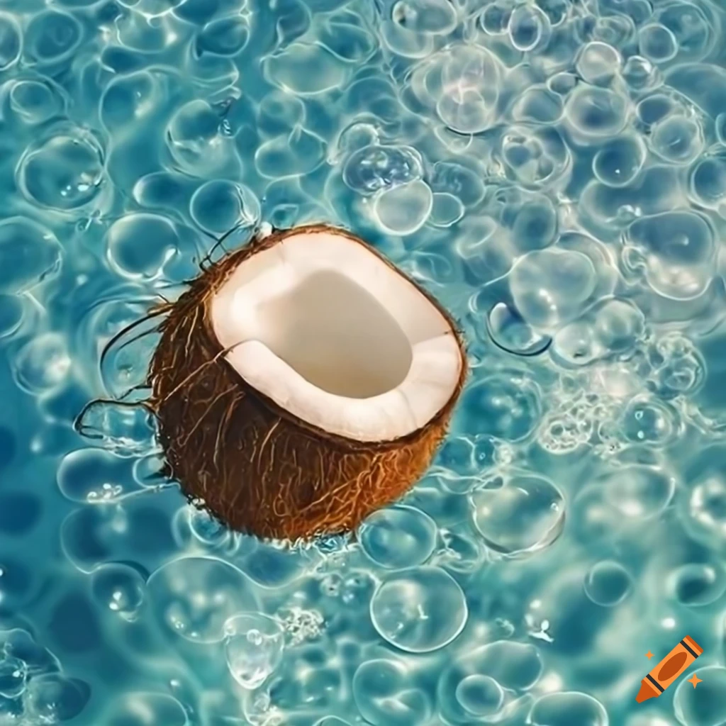 Wallpaper of a floating coconut surrounded by bubbles
