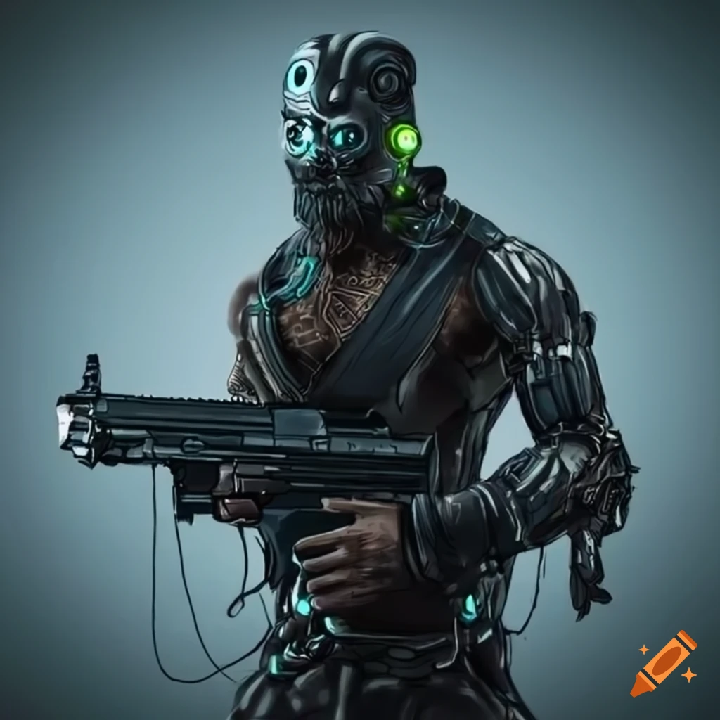Cyborg man with a beard holding a gun on Craiyon