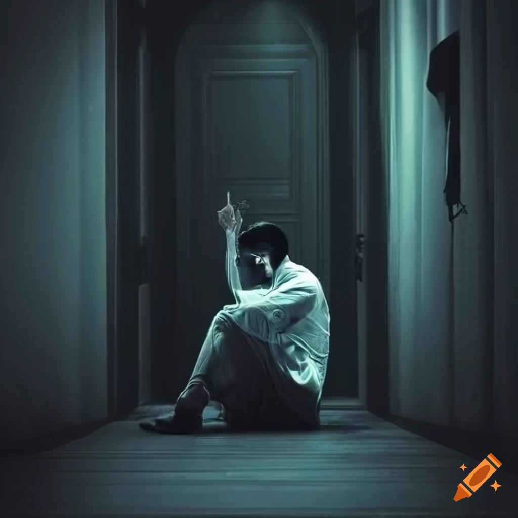 Man sitting in a dimly lit hallway on Craiyon