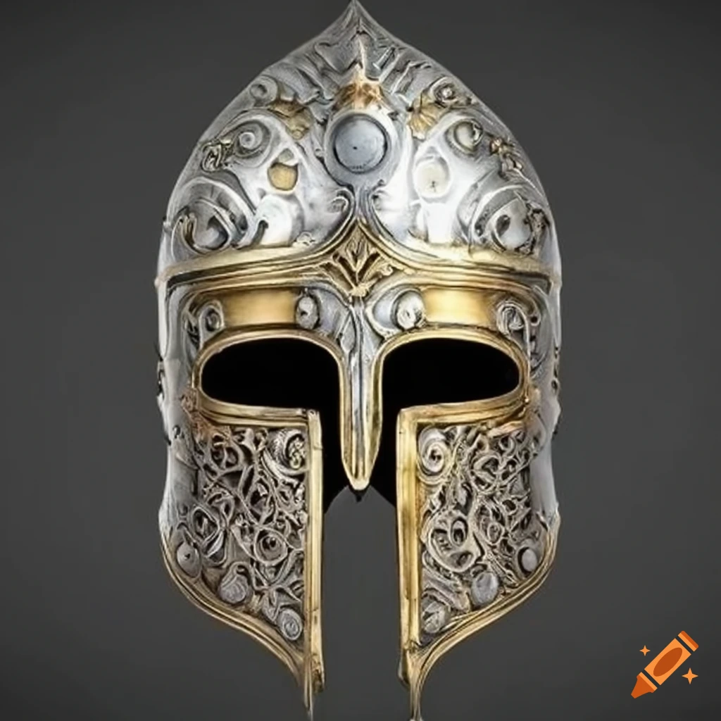 Intricate mythic gilded steel helmet
