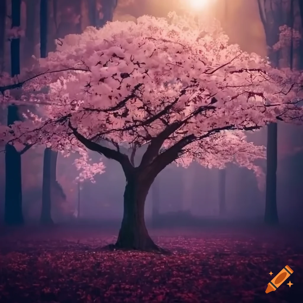 Cherry blossom tree shining in a dark forest on Craiyon
