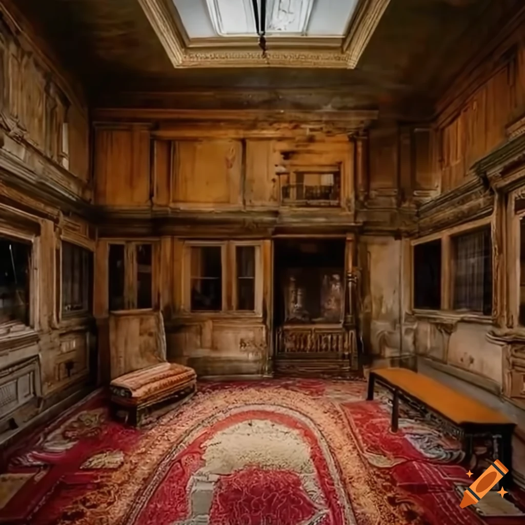 Zoomed-out view of a dilapidated mansion living room