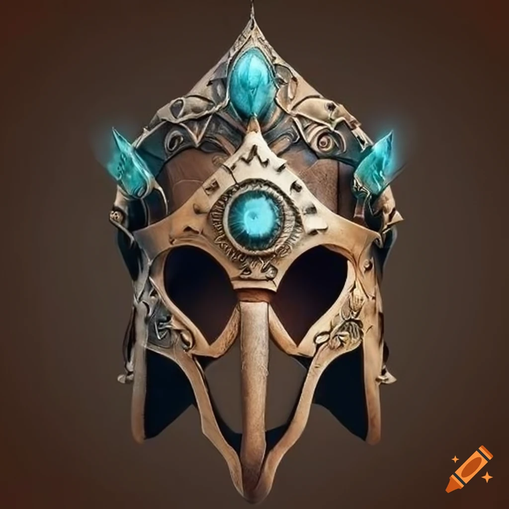 Intricate leather helm in a symmetrical design