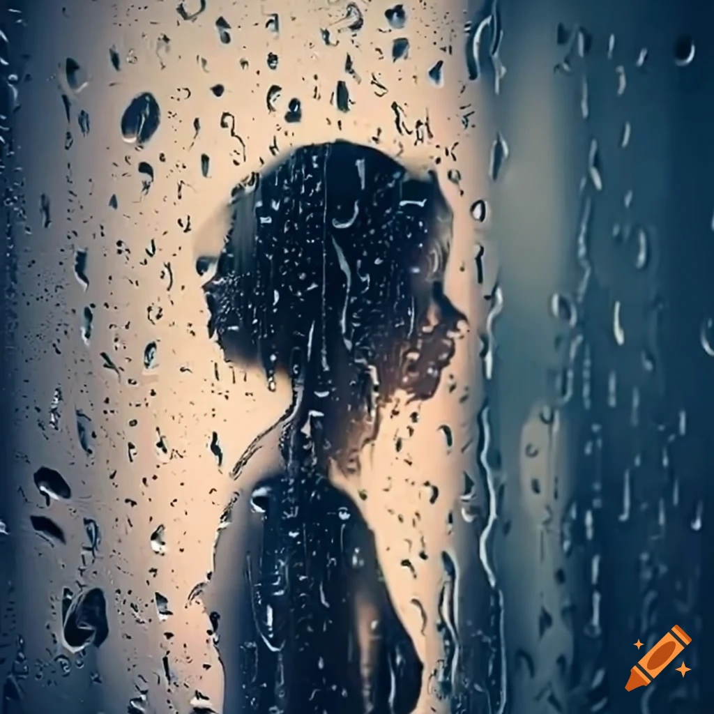 Woman looking through a rain-streaked window