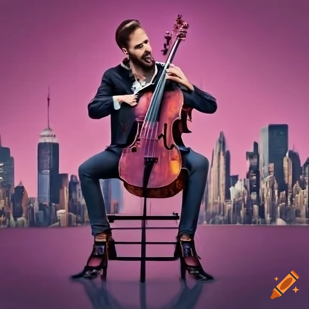Photo realistic image of hauser performing cello with pink nyc skyline ...
