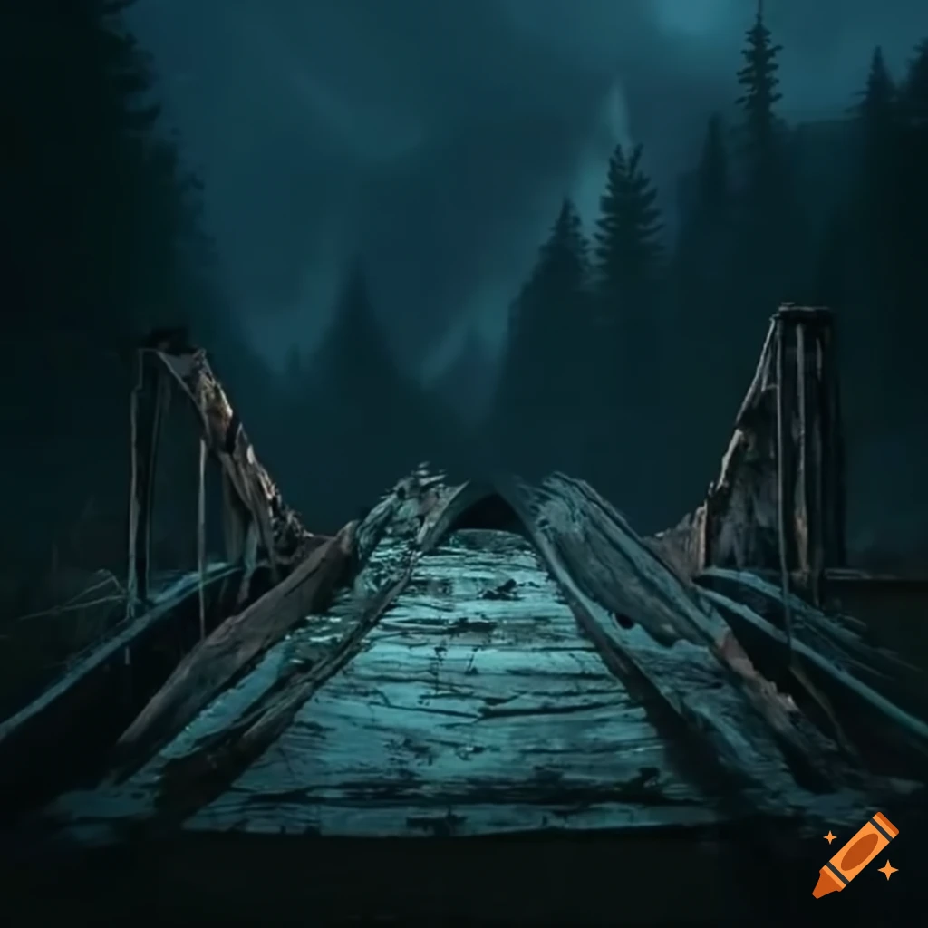 Image of a ruined bridge at night during a storm
