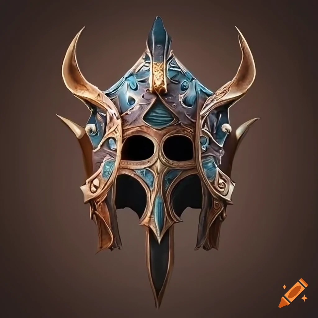 Intricate leather helm in a symmetrical design on Craiyon