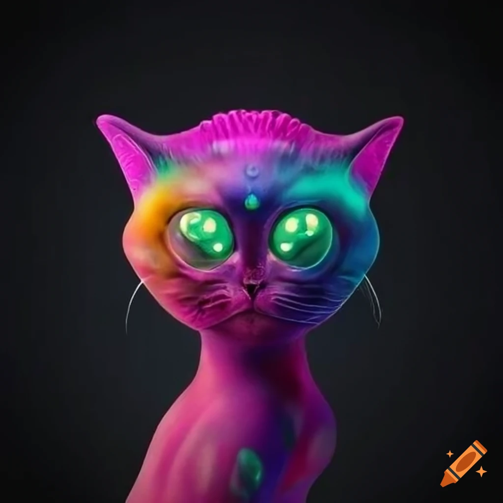 Colorful alien cat with a big rose-shaped head
