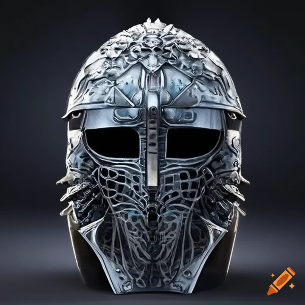 Intricate steel helmet with symmetrical design