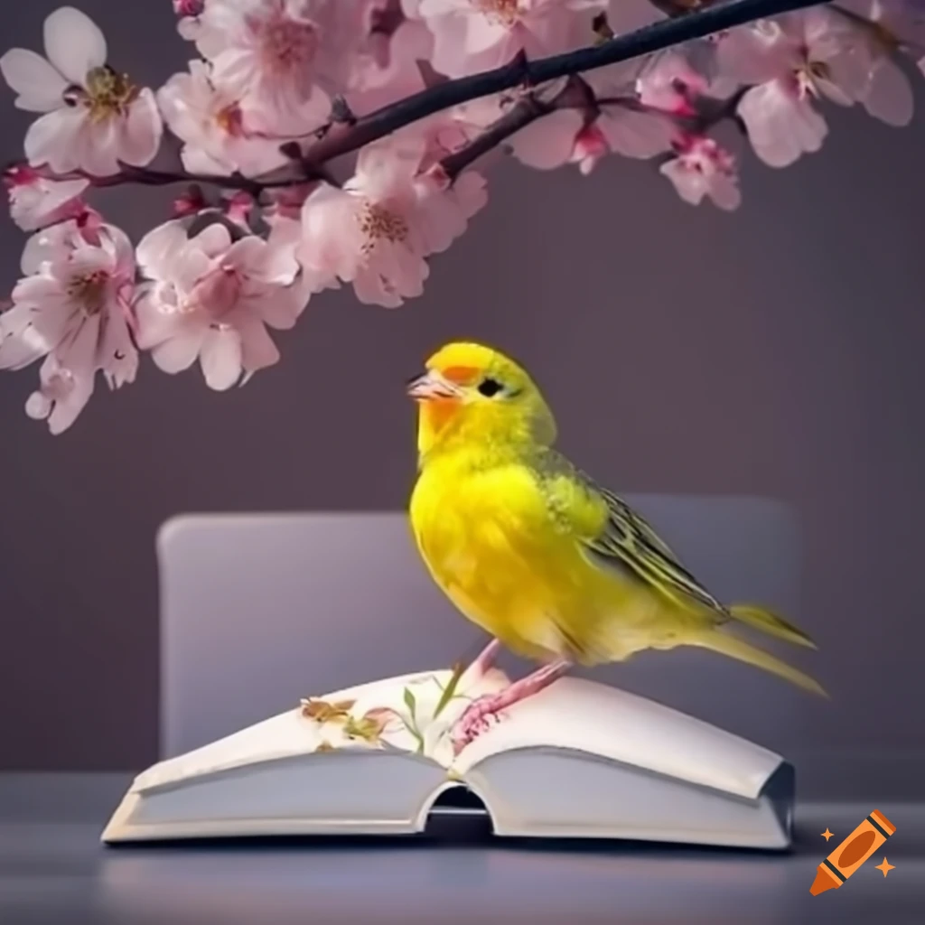 Notebook with a flower and canary birds on Craiyon