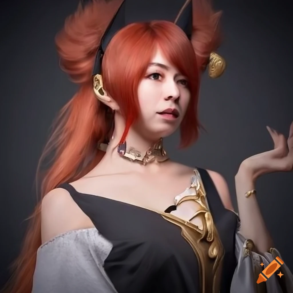 Illustration of a kitsune bard with auburn hair on Craiyon
