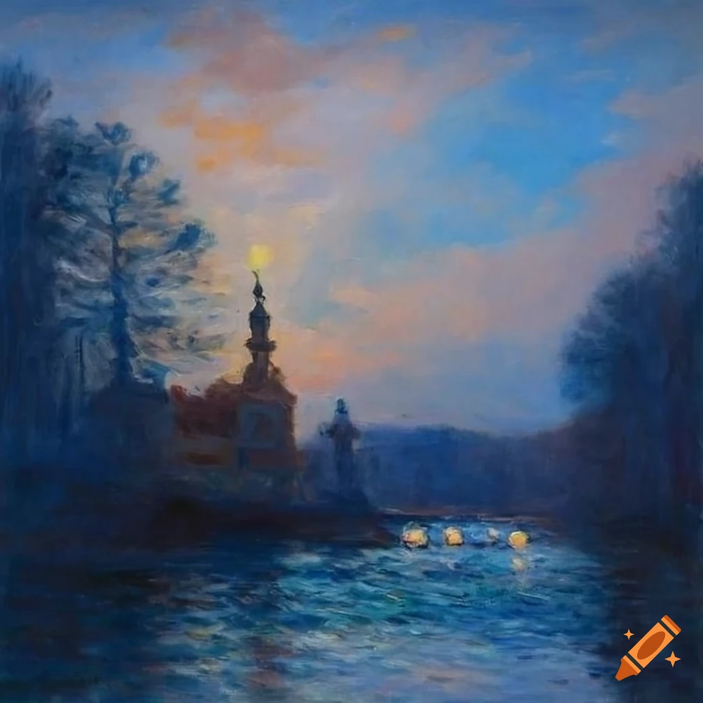 Monet-inspired landscape painting with a house on stairs and lanterns ...