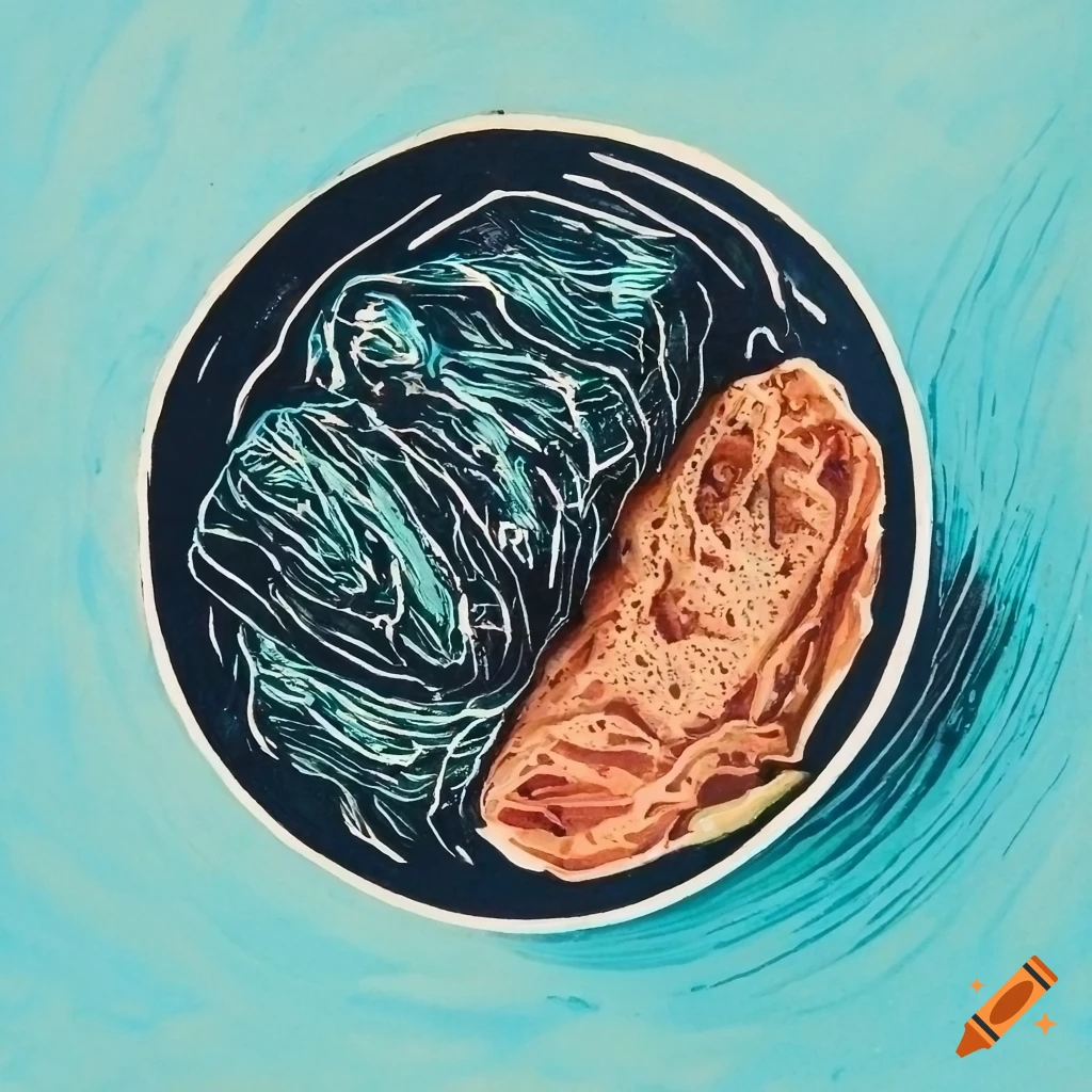 Linocut print of a futuristic meal